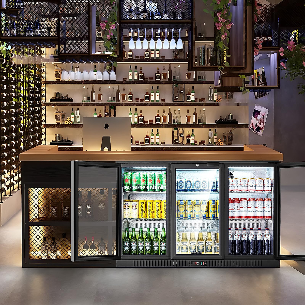 BODEGACOOLER Back Bar Cooler With 3 Glass Doors,Counter Height Beverage Refrigerator,11.4Cu.Ft Commercial Display Bar Fridge with LED Lighting,21 inch Beverage Cooler for Beer,Soda Drinks,Wine
