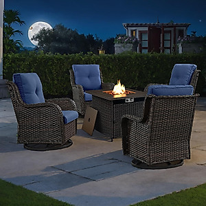 Wicker Patio Furniture Set- 4 Pieces Outdoor Swivel Rocker Chairs with 50,000 BTU Fire Pit Table,PE Rattan Outdoor Conversation Set for Garden Porch Deck