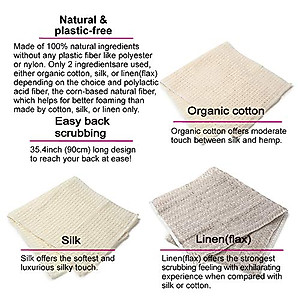 Exfoliating Washcloth [Made in Japan] Shower Back Scrubber, Plastic-Free 100% Natural and Plant-Based Loofah [Eco Friendly Loofah for Women and Men] (3pcs Set (Cotton, Linen and Silk))