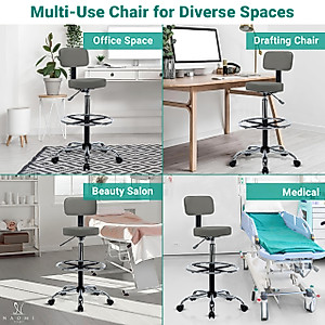 Venus Drafting Stool Chair, Rolling Stools with Wheels, Stools with Backs, Tall Adjustable Office Chair Workbench Stool with Back Support Adjustable Chair Work Stool with Chrome Footrest - Gray