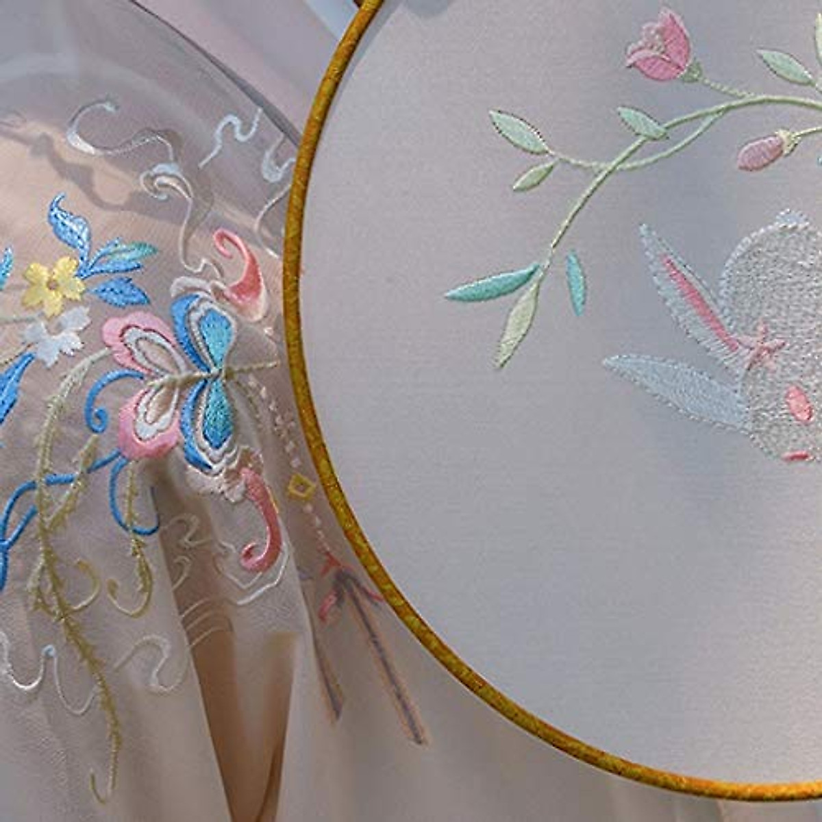 RAZZUM Decorative Folding Fans Handheld Fans Chinese Style Classical Embroidery Silk Round Palace Fan Female Long Handle Ancient Dance Fan for Wall Decoration Gift Hand Fan Fan