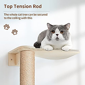 Wood Cat Tower Floor to Ceiling Adjustable, Cat Tree Tall Cat Scratching Post, Cat Wood Tree with 3-Tier Floor for Climb, Cat Climbing Tower Vertical with Natural Sisal Rope