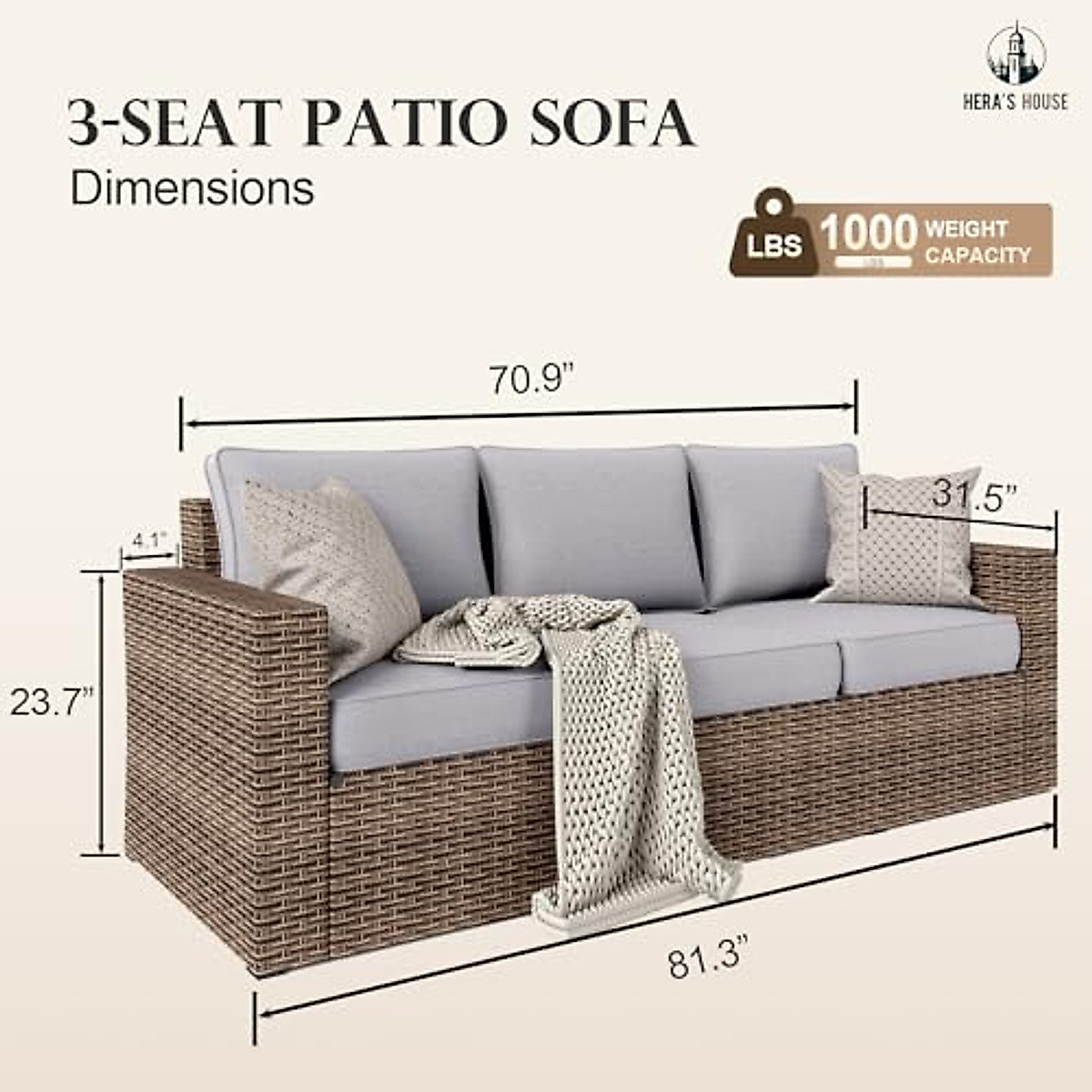 HERA'S HOUSE Wicker Patio Sofa, 3-Seat Heavy Duty Outdoor Couch, Deep Seat High Back with Thick Cushions, All Weather Furniture for Lawn Garden Backyard