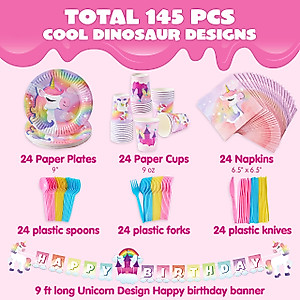 JOYIN 145 Pcs Unicorn Birthday Party Supplies with Unicorn Banner for Girls, 24 Serves Unicorn Disposable Tableware Set with Plates , Cups, Napkins, and Cutlery Sets for Unicorn Themes Party Kids 2 3