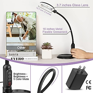 Jeedefi 2-in-1 10X Magnifying Glass with Light and Stand, 5 Color Modes Stepless Dimmable LED Magnifying Clamp Lamp, Desk Lighted Magnifier Hands Free for Crafts Close Work Painting Hobby, Black