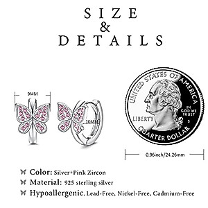 JeryWe Cute Butterfly Sleeper Small Hoop Earring 925 Sterling Silver CZ Crystal Huggie Earring Round Cartilage Tragus Mini Hoops Earring Ear Cuffs Piecing Dainty Jewelry Gifts for Women Sensitive Ears