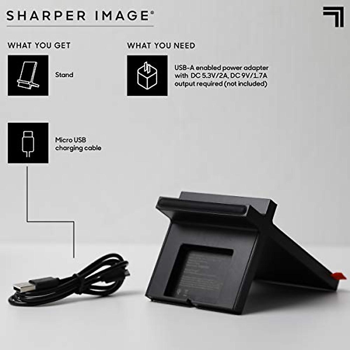 SHARPER IMAGE Wireless Qi Charging Dock, Wirelessly Charge Compatible Devices, 10-Watt Fast Charger, Sleek Stand with Finish Protecting Coating, Ultimate Smartphone Accessory