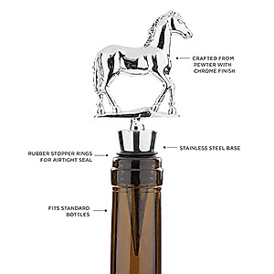 Twine Derby Wine Bottle Stopper, Keep Wine Fresh, Horse Bottle Stopper, Fits Standard Bottles, Metal, Rubber Seal, Silver, Set of 1