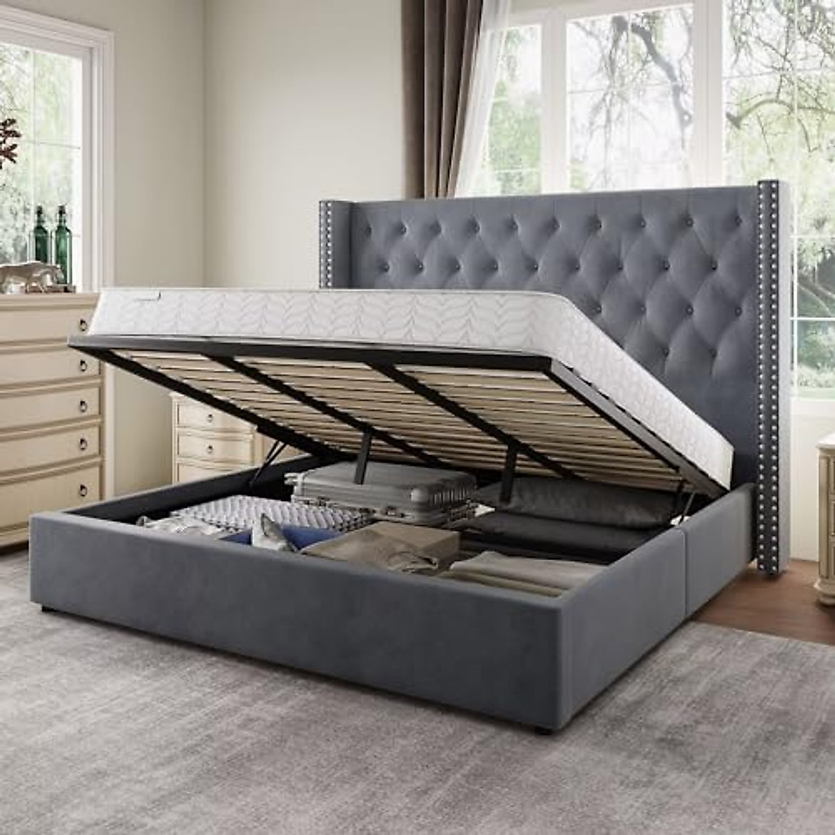 Jocisland King Size Lift Up Storage Bed, Upholstered Platform Bed Frame and Velvet Button Tufted Headboard with Wingback, Hydraulic Storage, No Box Spring Needed, Easy Assembly, Gray