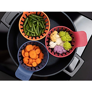 TREBONN, Cookin’ Pod 3 Piece Set, Single Portion Slotted Strainers for Pasta and Vegetables, Everyday Use, Coral Purple Blue-Gray, 1 Set