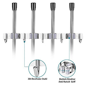 SHYOSUCCE Mop Broom Holder Wall Mount with 4 Racks and 5 Hooks, 304 Stainless Steel Broom Organizer for Garden Garage Kitchen Bathroom (Gray)