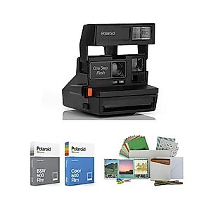 Polaroid 600 One Step Flash Instant Camera Bundle with Originals Black and White and Color Instant Film for 600 Cameras (8 Exposures) and Accessories (4 Items)