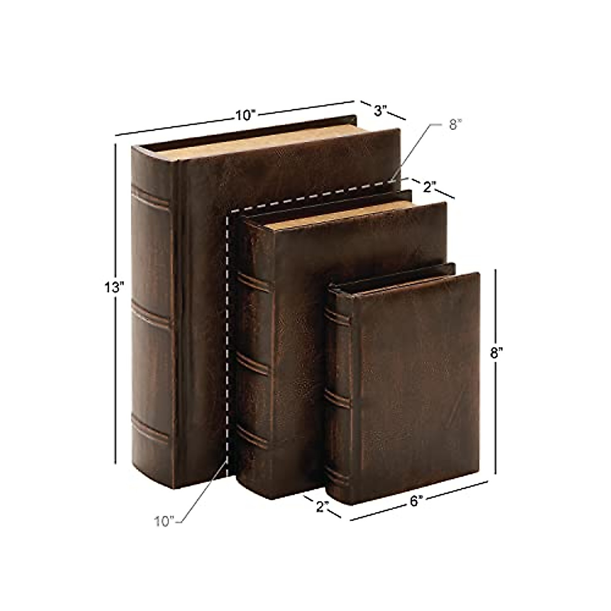 Deco 79 Wood Faux Book Box with Faux Leather Detailing, Set of 3 13", 10", 8"H, Brown