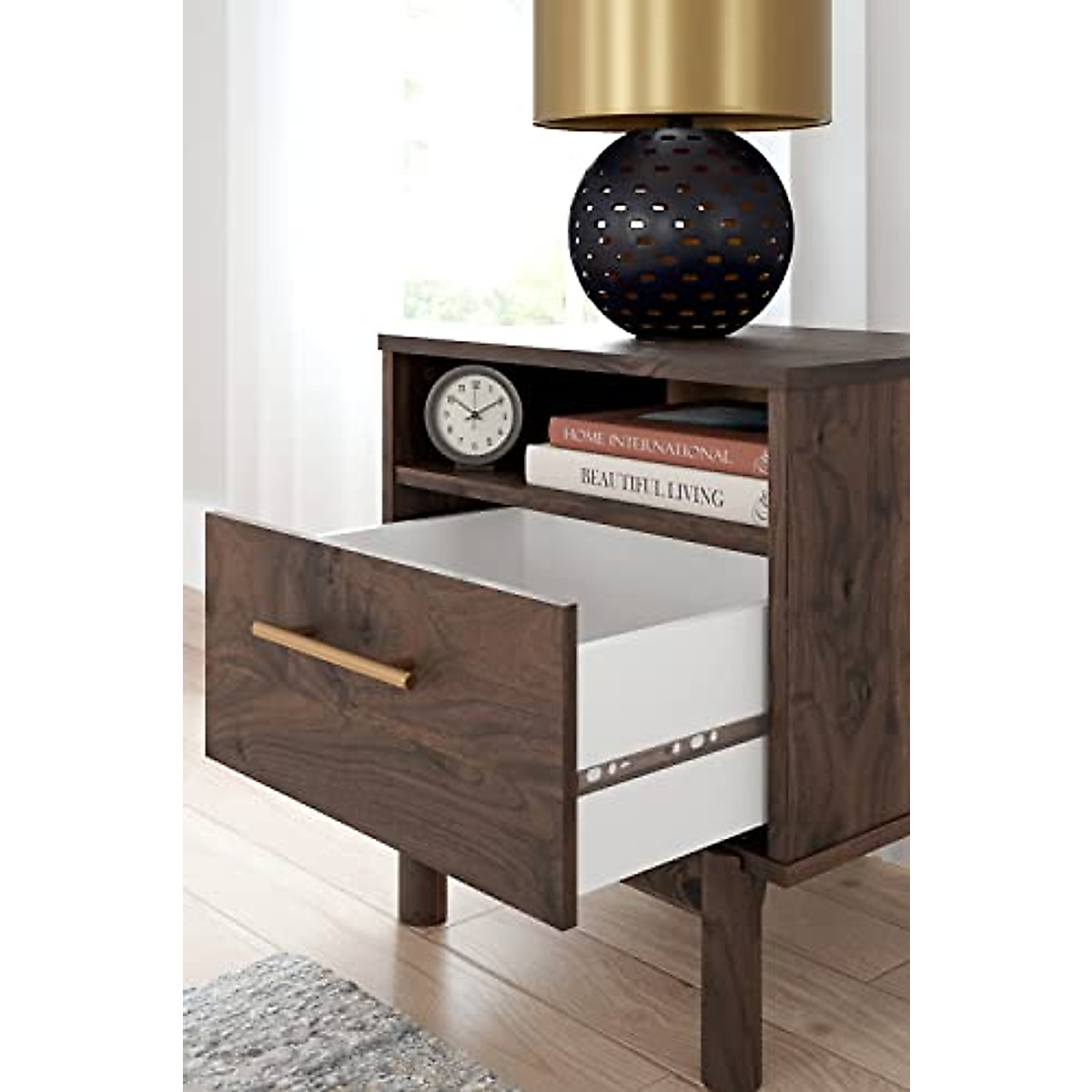 Signature Design by Ashley Calverson Modern 1 Drawer Nightstand with Open Cubby, 21.18" Tall, Dark Brown