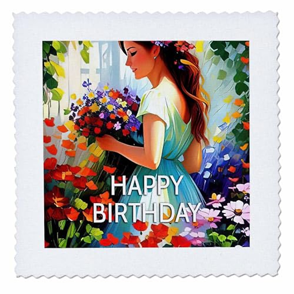 3dRose Happy Birthday. Young Lady with a Large Bunch of Flowers in a... - Quilt Squares (qs-379140-7)