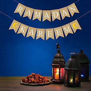 2 Pack Ramadan Kareem Banner Burlap - Ramadan Kareem Decorations - Rustic Ramadan Kareem Bunting Banner for Mantle Fireplace - Ramadan Party Decor Supplies