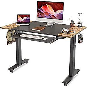 FEZIBO Dual Motor Height Adjustable Electric Standing Desk with Keyboard Tray, 48 x 24 Inch Sit Stand Table with Splice Board, Black Frame/Rustic Brown and Black Top