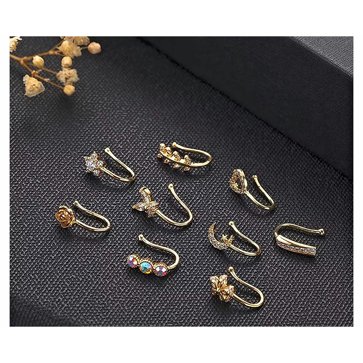 Barnabys Nose Cuffs Non Piercing. Pack of 9 Nose Cuffs - Silver With Rhinestones. 9 Stylish Designs to choose from - Nose Cuff Jewellery for Non Pierced Nose - Clip on Design - Silver