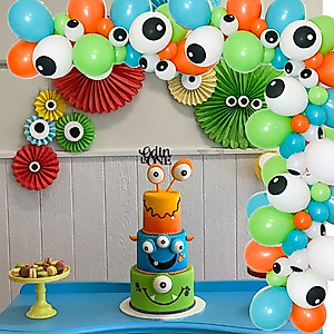 Monster Balloon Garland Arch Kit, 110pcs Eyeball Balloons, Orange, Caribbean Blue, Lime Latex Balloon Arch for Kids Monster Themed Birthday,Little Monster Birthday, Little Monster is Turning One