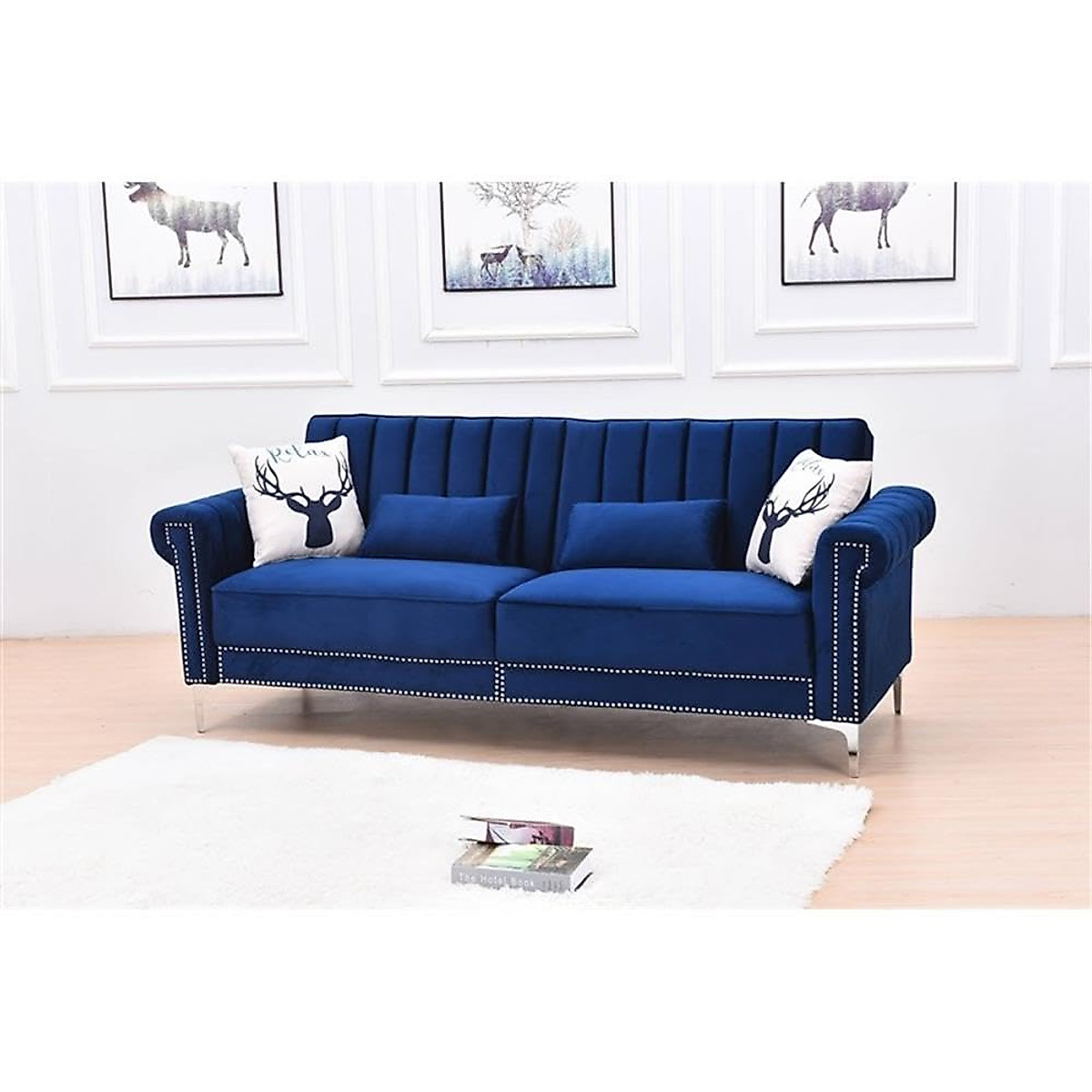 Legend Vansen 82.7" Convertible Modern Wood & Velvet Fabric Sofa Bed in Blue