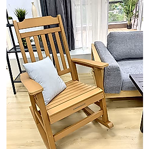 EMBRANGE Outdoor Rocking Chair with Tilting High Backrest, Weather Resistant, Fade-Resistant,Front Porch Rocker with 350 LBS Weight Capacity, Patio Rocking Chairs for Deck or Indoor, Teak