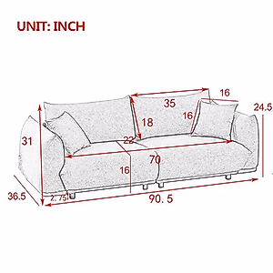 CEOTHA 90.5'' Modern Couch for Living Room Sofa,Solid Wood Frame and Stable Metal Legs, 2 Pillows, for Bedrooms Easy to Assemble Wooden Noise Free Platform Bed Suitable