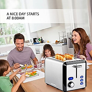 Toaster 2 Slice Stainless Steel Digital Toaster with Countdown Timer, Easy to Use, 800W, 6 Toast Settings, Reheat, Defrost, Cancel Functions, Removable Crumb Tray, Extra Wide Slots Bread Toaster