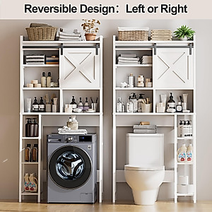 Meilocar Over The Toilet Storage Cabinet, Farmhouse Storage Cabinet Over Toilet with Sliding Barn Doors, Freestanding Bathroom Storage Organizer Cabinet Shelf Space Saving Toilet Rack, White