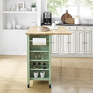 Crosley Furniture Savannah Wood Top Drop Leaf Rolling Kitchen Island Cart with Spice Rack and Shelves, Mint