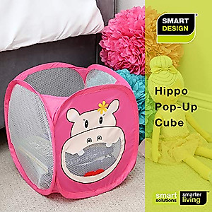 Smart Design Kids Pop Up Organizer with Animal Print - Set of 4 - VentilAir Mesh Netting - for Toddlers, Baby Clothes, Plushies, and Toys - Home Organization - Cube - 10.5 x 11 Inch - Pink Hippo