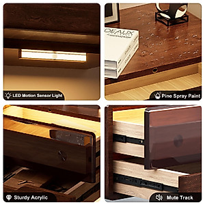 MUSSTUFIC Floating LED Nightstand, Smart Sensor Bedside Wall Mounted Wood Side End Table with 2 Storage Drawers for Bedroom Dorm Small Space, Dark Walnut (Walnut, 1 pcs)