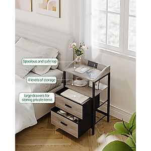 Hzuaneri Nightstands with Charging Station, End Table with 2 Fabric Storage Drawers and Shelves, Modern Side Table with USB Ports & Power Outlets, Greige NS30405B