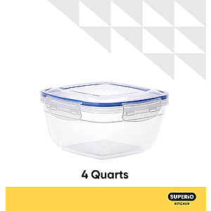 Superio Sealed Food Container, Large Meal Prep Container, 4 Quart, 16 Cups, 128 Oz, Lunch Prep Containers for College, School, Food Bowl with Latches- Clear Bin with Leakproof Lid, BPA Free