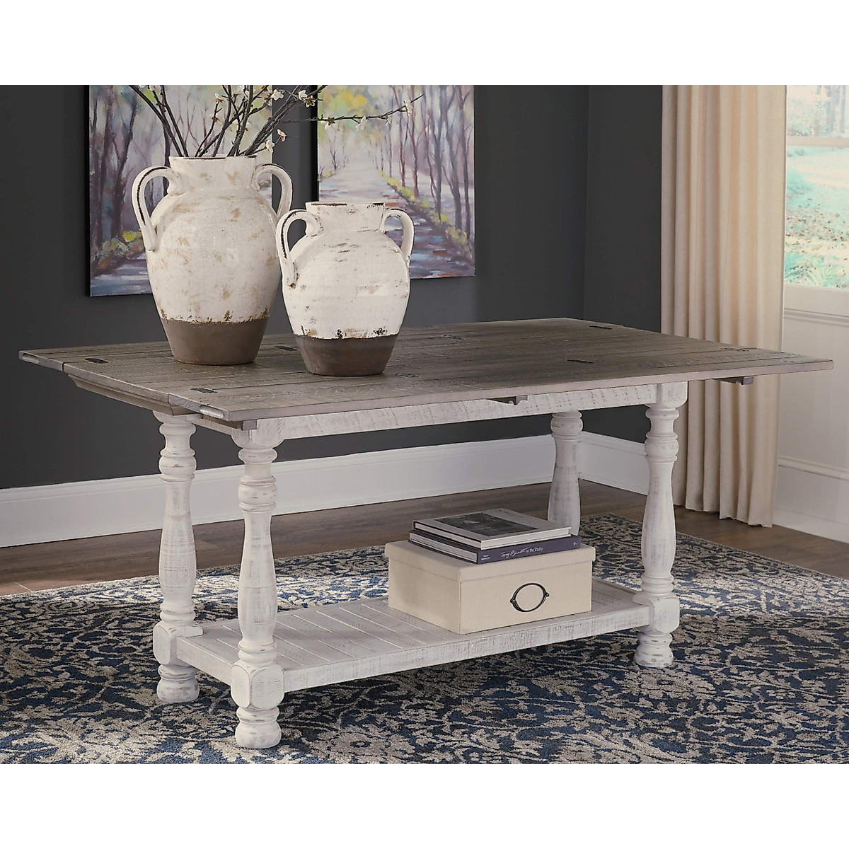 Signature Design by Ashley Havalance Farmhouse Sofa Table, Flip Top Design for Additional Dining Space and Fixed Lower Shelf, Gray & White with Weathered Finish
