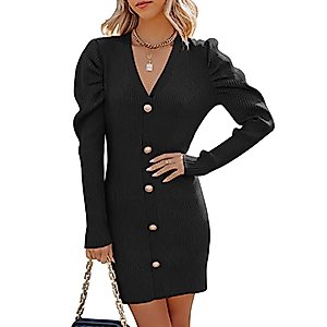 ANRABESS Women's Puff Long Sleeve V Neck Buttons Ribbed Knit Slim Fit Pullover Sweater Bodycon Mini Dress 581heise-S Black