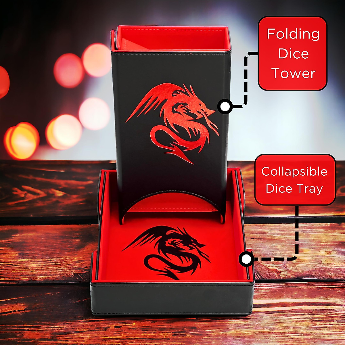Luck Lab Folding Dice Tower and Dice Tray for RPG Table Top Gaming - Black/Red - Dragon Design