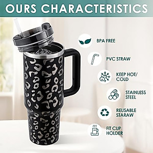 PIMDIR Black 40oz Leopard Tumbler With Handle Straw Lid, Insulated Stainless Steel Travel Cup iced Coffee Mug Keep Cold, Birthday Gifts For Women Men Lovers, Car Cup Holder Friendly