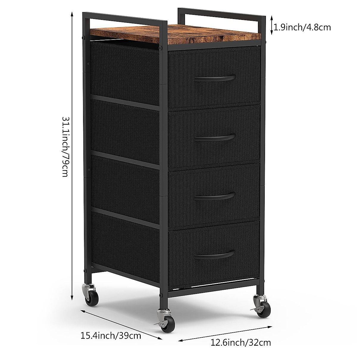 NOVIMANGO Dresser with 4 Drawers Fabric Storage Dresser Small Chest of Drawers for Bedroom Tall Dresser for Closet Nightstand Dresser with Wheels for Living Room, Closet, Nursery Room, Black