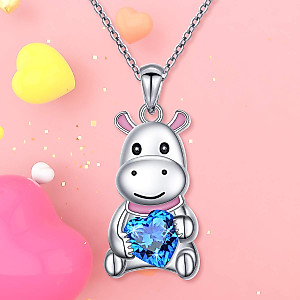 Ladytree S925 Sterling Silver Cute Animal Hippo Hippopotamus Blue Cubic Zirconia Love Heart Pendant Necklace Gifts for Women Teenager