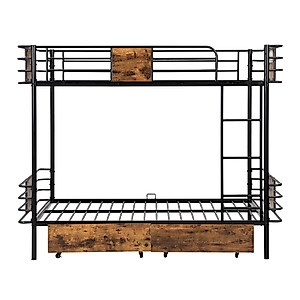 Bunk Bed Twin XL Over Twin XL, Metal Bunk Bed with Storage Drawers and MDF Board Guardrail, Modern Industrial Bunk Bed for Kids Boys Girls Teens, Black