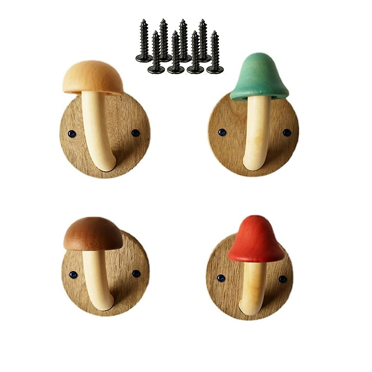 Auntzyj Wooden Mushroom Coat Hooks, Wall Mounted Towel Hanger, Solid Wood, Colorful, Set of Hooks with Screws (4 Hooks & 8 Screws)