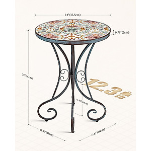 Frstem Mosaic Patio Table and Plant Stand, Outdoor Side Table for Patio with 14" Ceramic Tile Top, Weather Resistant Metal Round End Table Accent Table for Yard Porch Balcony Garden Bedside, Blossom