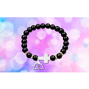 Uloveido Synthetic White Agate Side Cross Bracelet, Black Onyx Beaded, Triangle Mountain Mustard Seed Charm Pendant Y944 (Triangle Mountain)