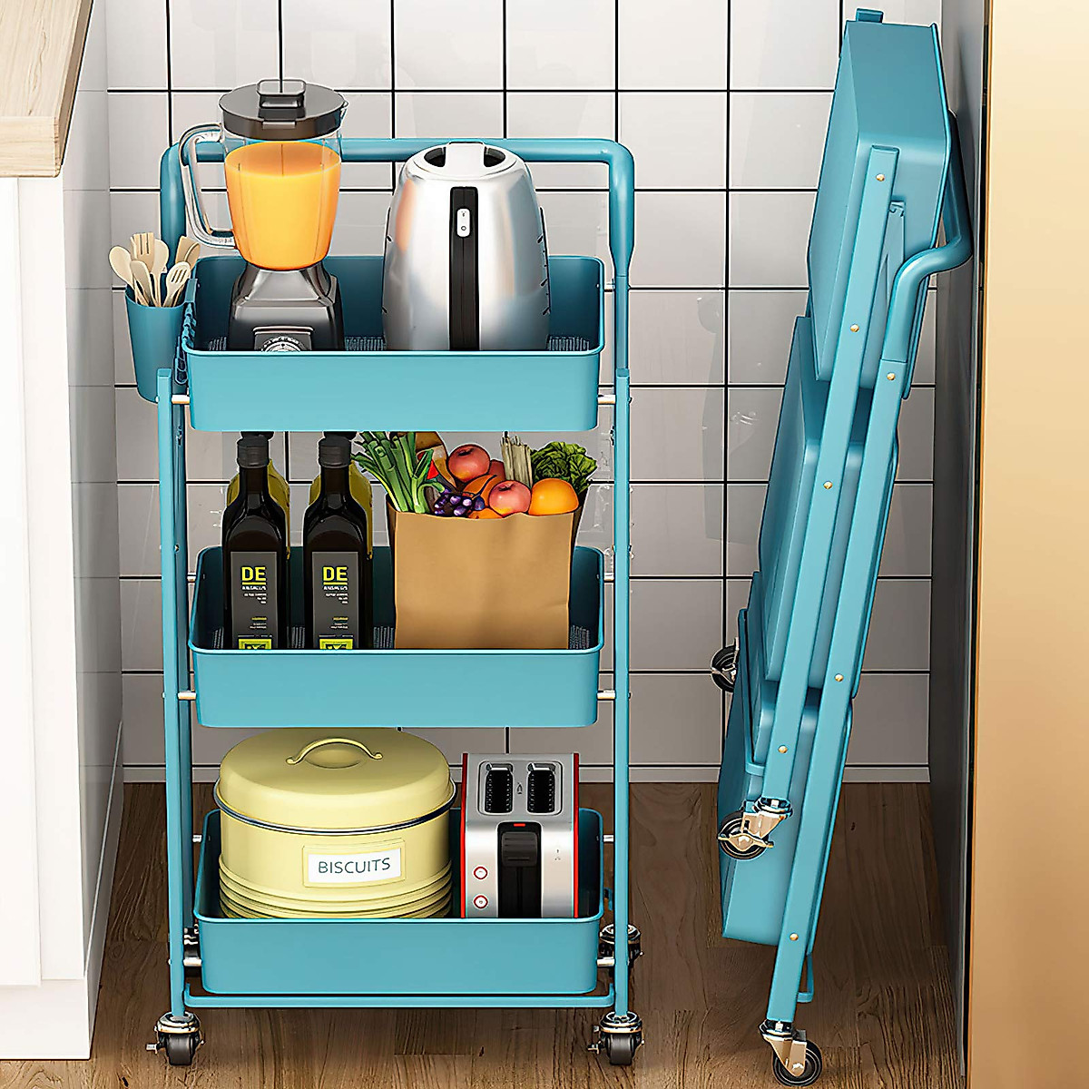 Foldable Storage Cart 3 Tier Rolling Cart with Wheels No Assemble Required Metal Utility Kitchen Cart Folding Shelves for Storage and Organizer for Classroom, Bedroom