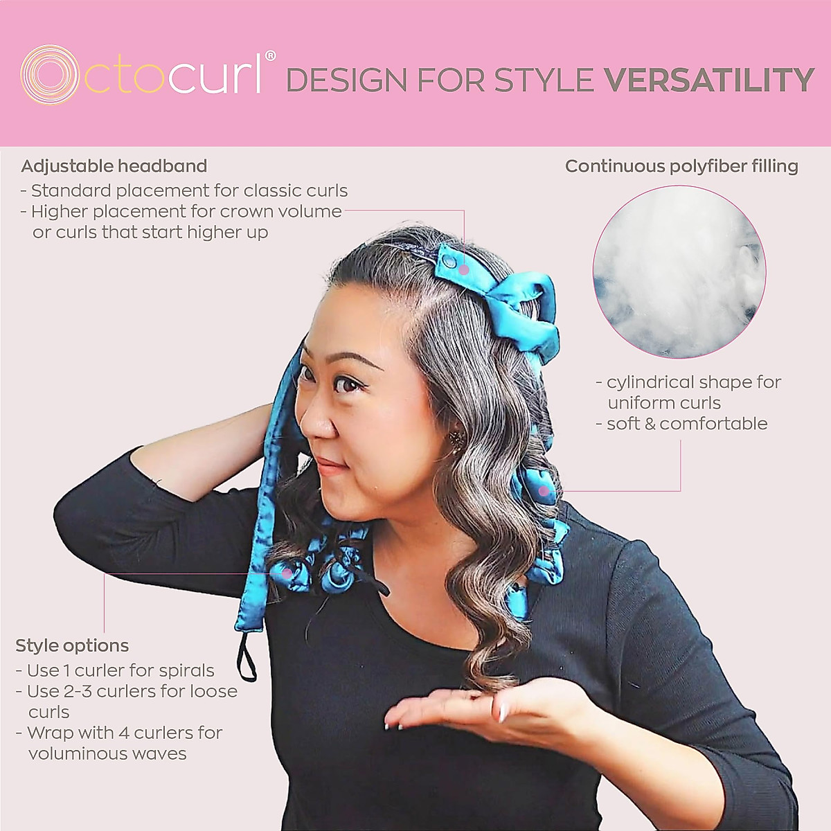 Octocurl Satin Hair Curlers - Heatless Curls Overnight - Headband Curlers for Medium Length Hair (Satin - Black)
