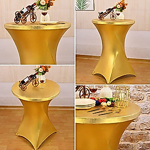 4 Pack Cocktail Spandex Stretch Square Corners Tablecloth, 32"x43" Metallic Gold Spandex Cocktail Table Cover, Fitted High Top Round Table Cloth for Wedding Bar Party Events Home Decor Supplies