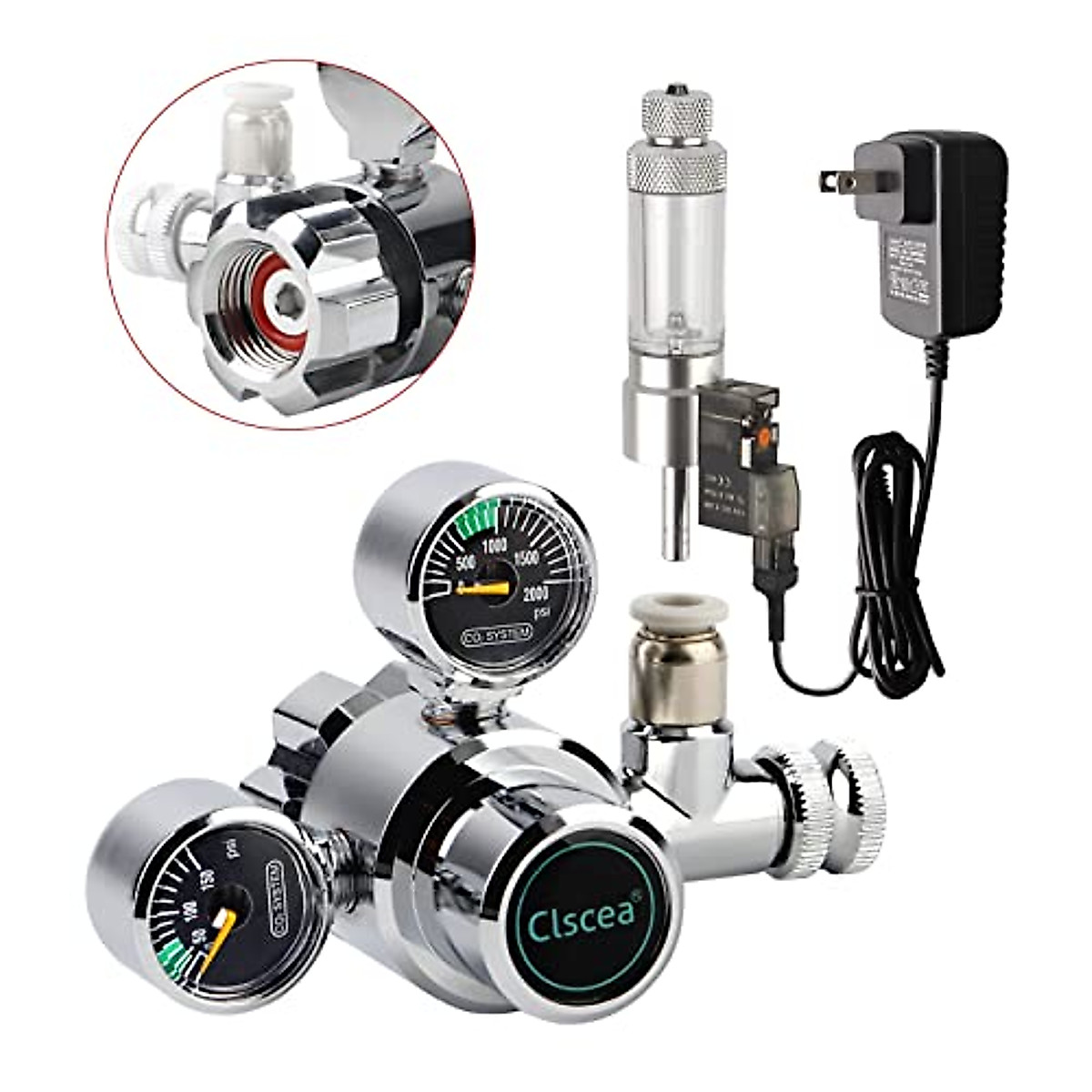 Clscea Aquarium CO2 Regulator Dual Gauge with Bubble Counter and Solenoid Valve, Single Stage