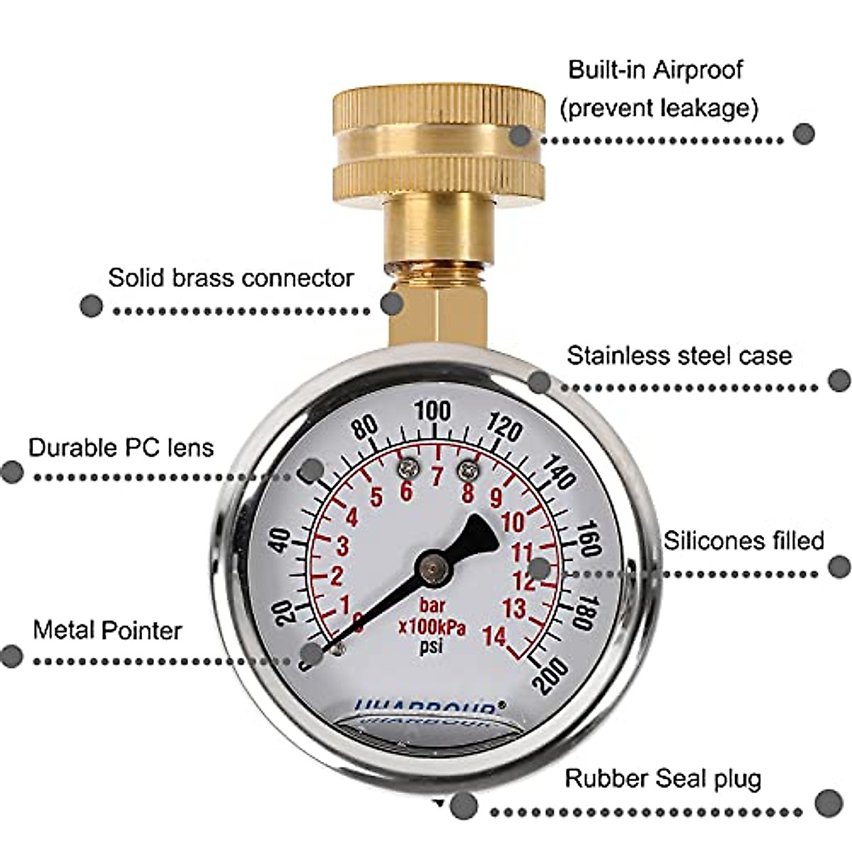 Water Pressure Gauge Kit Including Adaptors, UHARBOUR 2.5"Glycerin Filled Water Pressure Test Gauge with Brass Hose Fitting and Extra 6 Adapters for Multiple Use,0-200psi/14bar