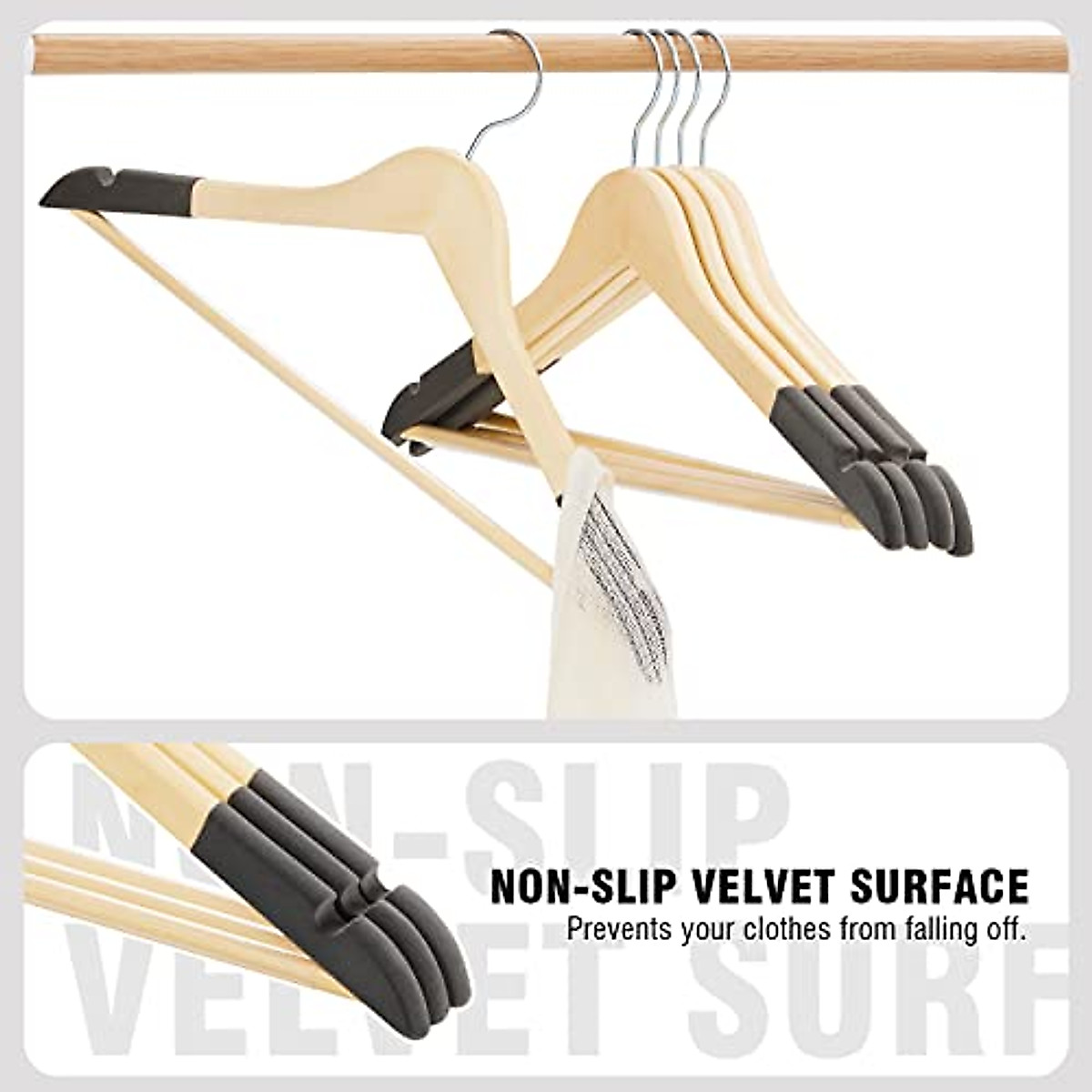 Solid Natural Wooden Coat Hangers, 20 Pack Heavy Duty Smooth Finish Suit Hangers with Non-Slip Pant Bar, Precisely Cut Notches & Chrome Swivel Hook for Closet, Wardrobe