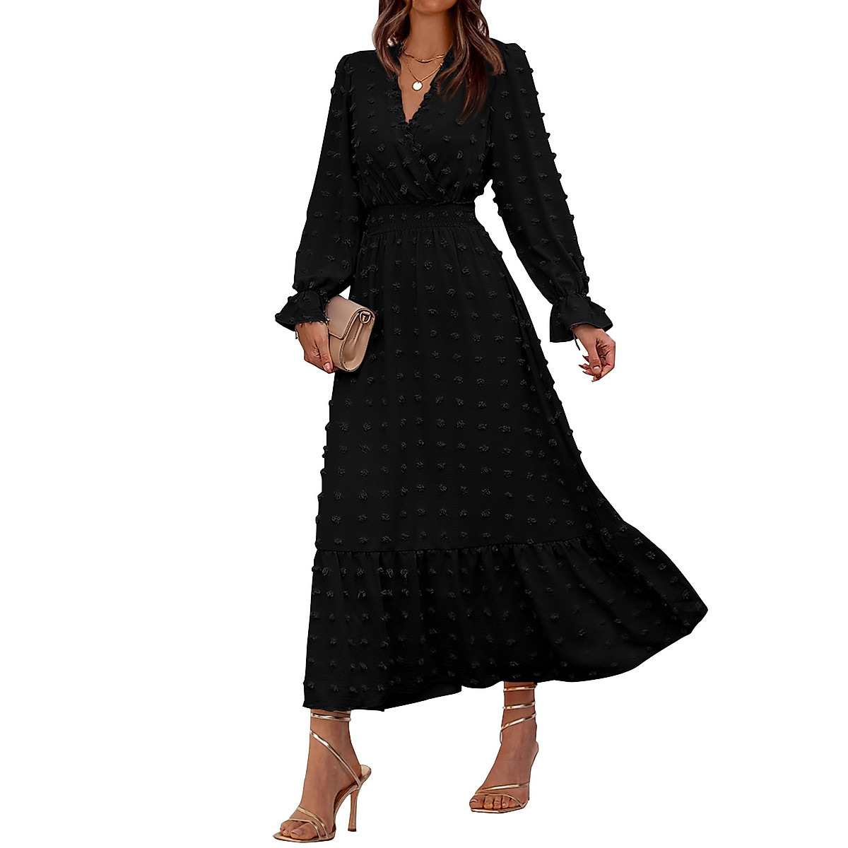 BTFBM Women Fall Dresses 2025 Long Sleeve V Neck Swiss Dots Maxi Dress Boho Long Dress High Waisted A-Line Ruffle Dress(Solid Black,Large)